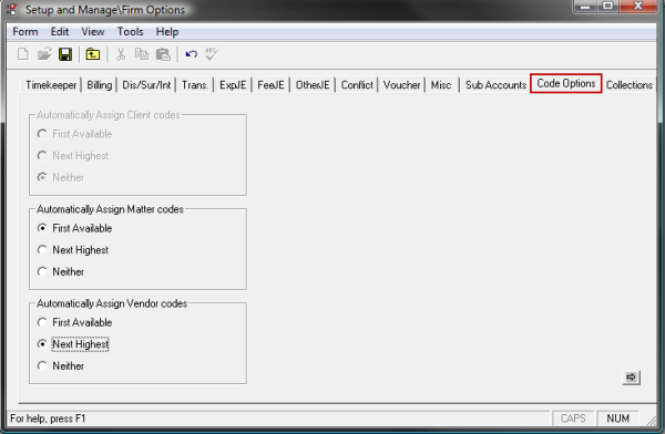 Code Options Tab – Juris